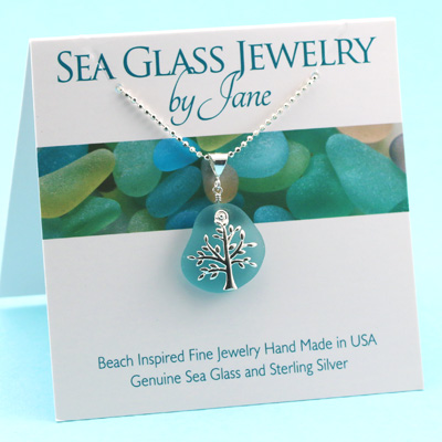 Japan Teal Sea Glass Pendant with Tree of Life